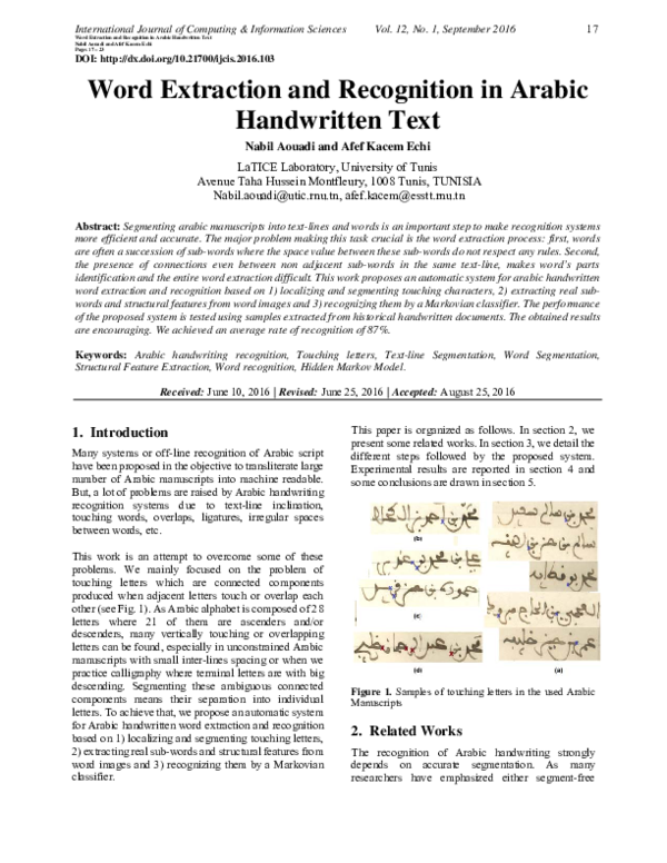 (PDF) Word Extraction and Recognition in Arabic Handwritten Text