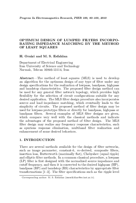 (PDF) Optimum Design of Lumped Filters Incorporating Impedance Matching by the Method of Least ...