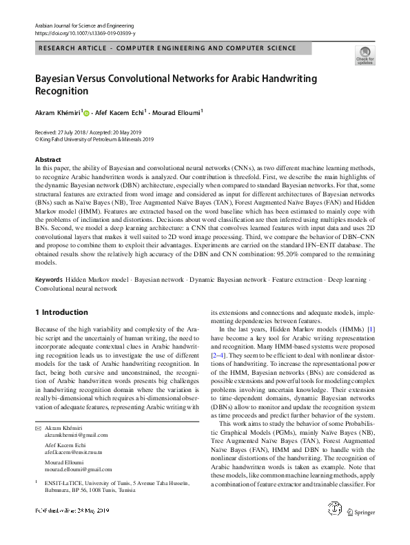 (PDF) Bayesian Versus Convolutional Networks for Arabic Handwriting Recognition