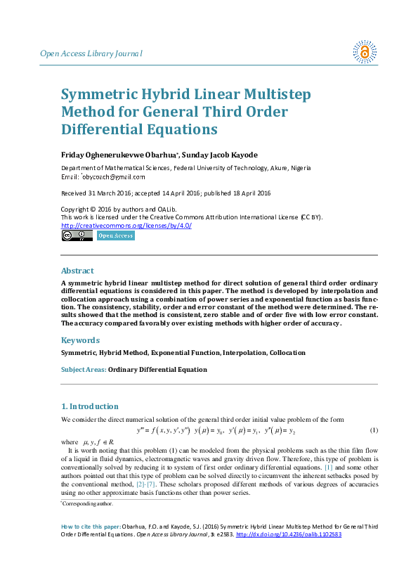 Pdf Symmetric Hybrid Linear Multistep Method For General Third Order Differential Equations