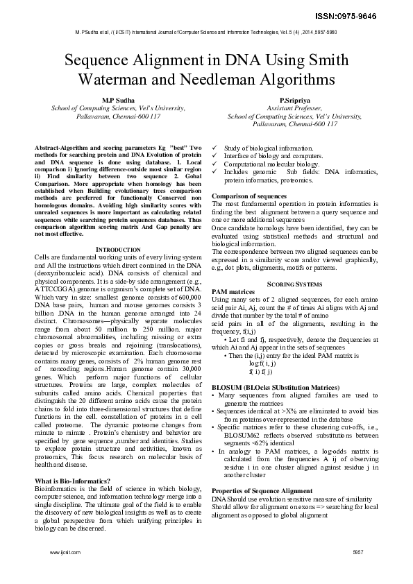 Pdf Sequence Alignment In Dna Using Smith Waterman And Needleman Algorithms