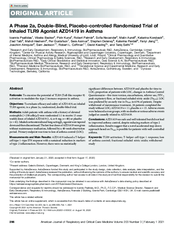(PDF) A Phase 2a, Double-Blind, Placebo-controlled Randomized Trial of Inhaled TLR9 Agonist ...