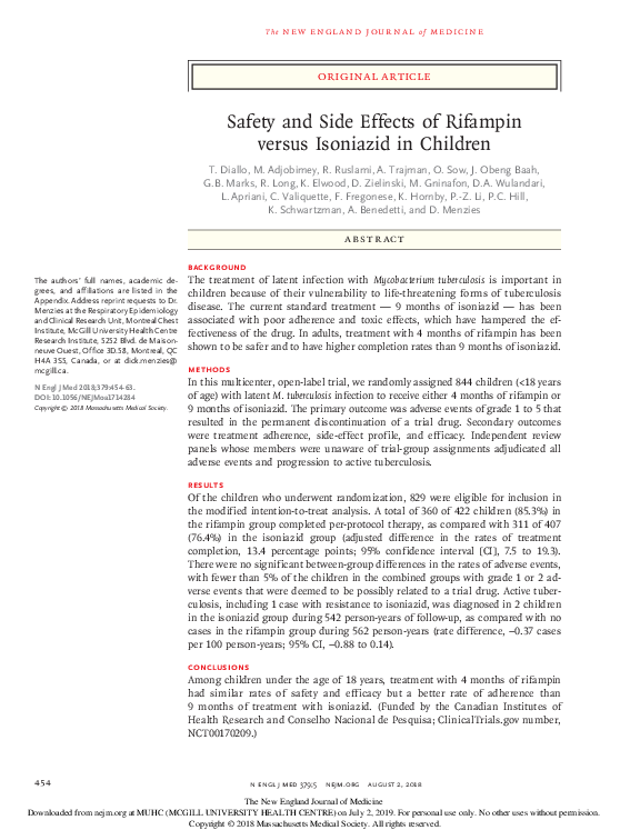 (PDF) Safety and Side Effects of Rifampin versus Isoniazid in Children