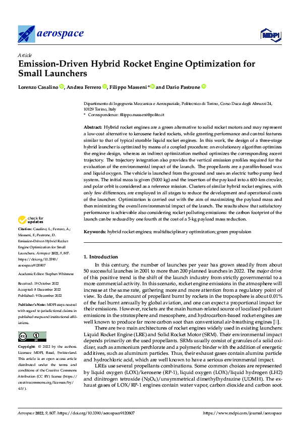 (PDF) Emission-Driven Hybrid Rocket Engine Optimization for Small Launchers