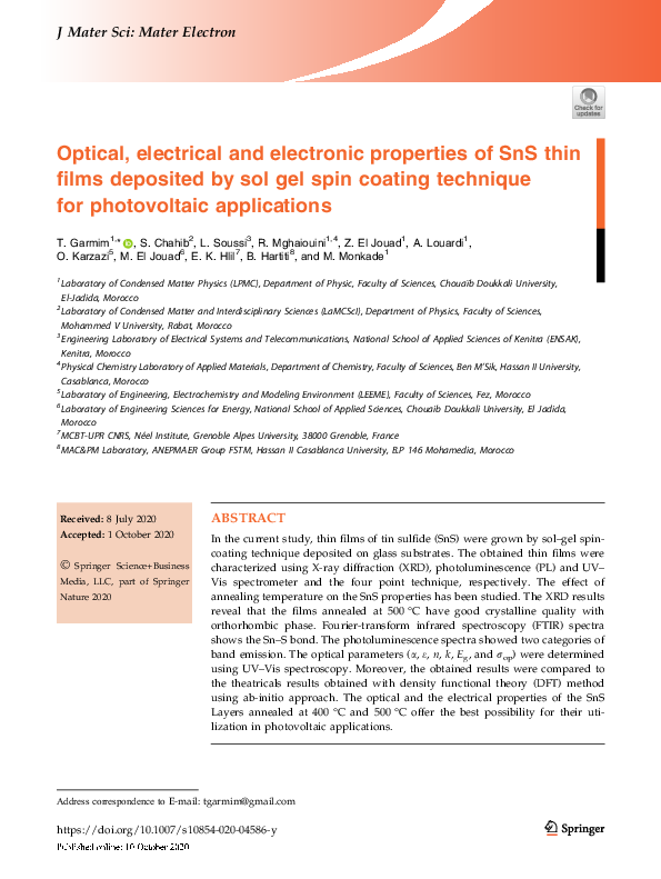 (PDF) Optical, electrical and electronic properties of SnS thin films deposited by sol gel spin ...