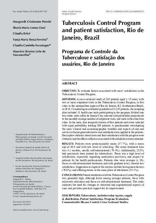 (PDF) Tuberculosis Control Program and patient satisfaction, Rio de Janeiro, Brazil
