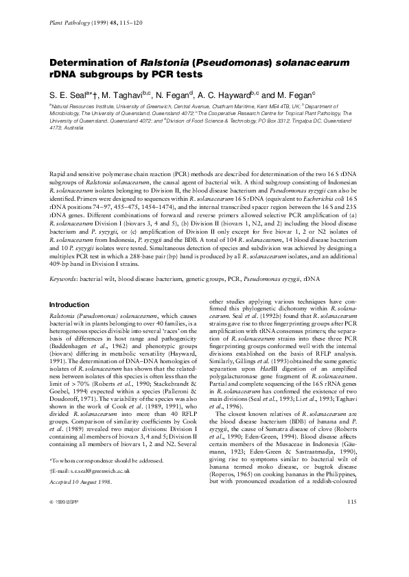 (PDF) Determination of Ralstonia (Pseudomonas) solanacearum rDNA ...