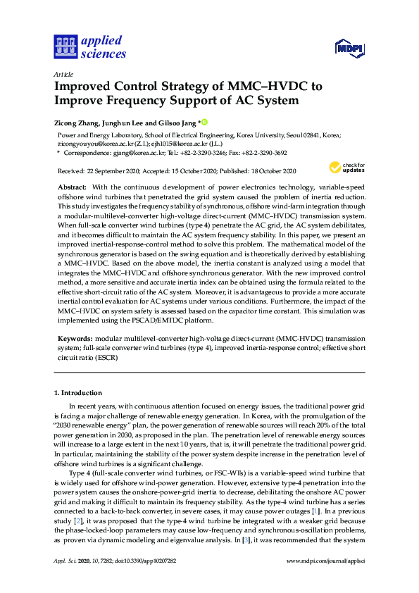 Pdf Improved Control Strategy Of Mmc Hvdc To Improve Frequency Support Of Ac System
