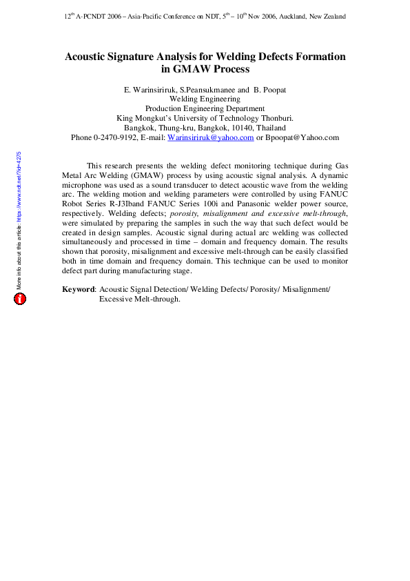 (PDF) Acoustic Signature Analysis for Welding Defects Formation in GMAW ...