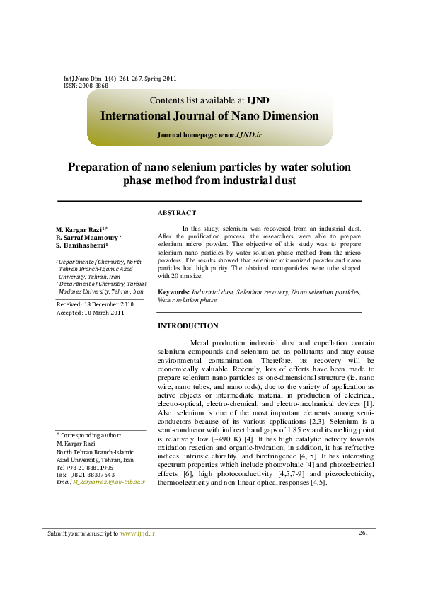 (PDF) Preparation of nano selenium particles by water solution phase ...