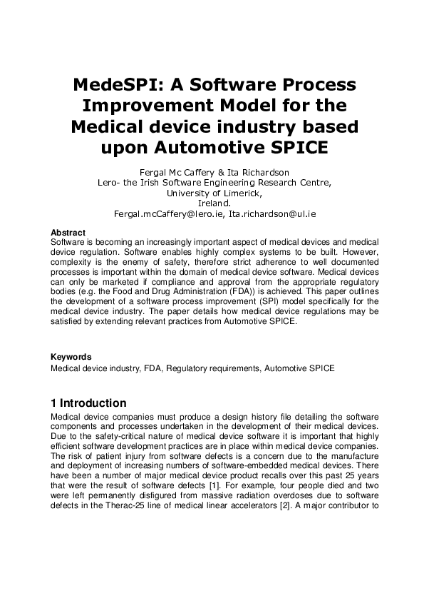 (PDF) MedeSPI: a software process improvement model for the medical device industry based upon ...