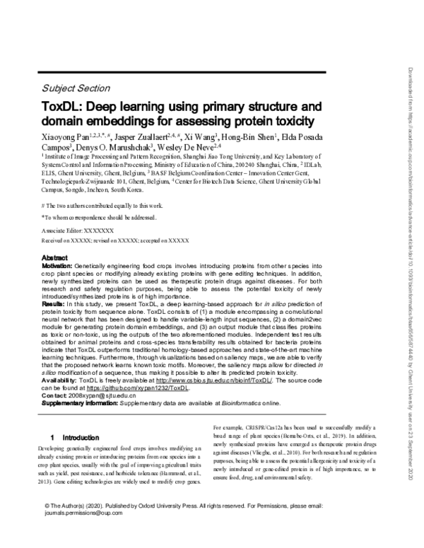 Pdf Toxdl Deep Learning Using Primary Structure And Domain Embeddings For Assessing Protein