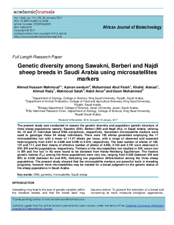 (PDF) Genetic diversity among Sawakni, Berberi and Najdi sheep breeds in Saudi Arabia using ...