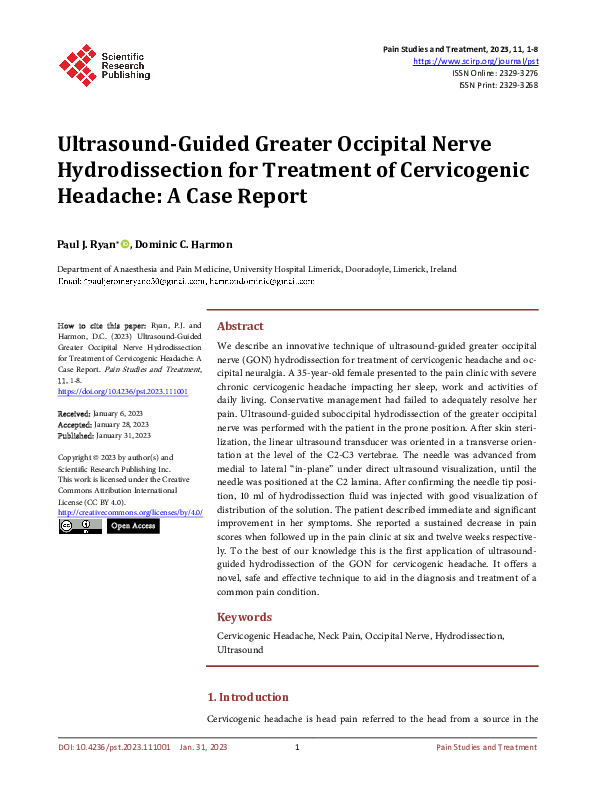 (PDF) Ultrasound-Guided Greater Occipital Nerve Hydrodissection for Treatment of Cervicogenic ...