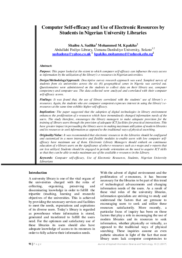 (PDF) Computer Self-efficacy and Use of Electronic Resources by Students in Nigerian University ...