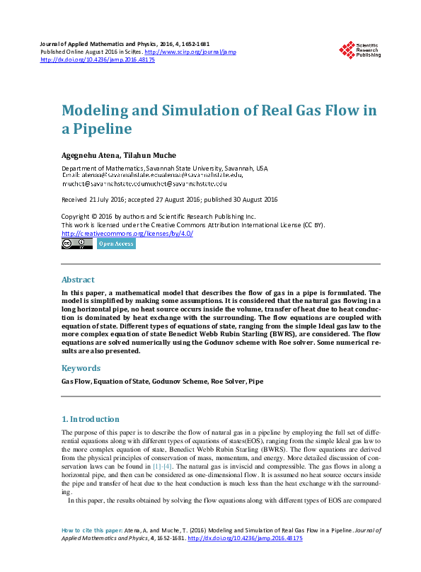 (PDF) Modeling and Simulation of Real Gas Flow in a Pipeline