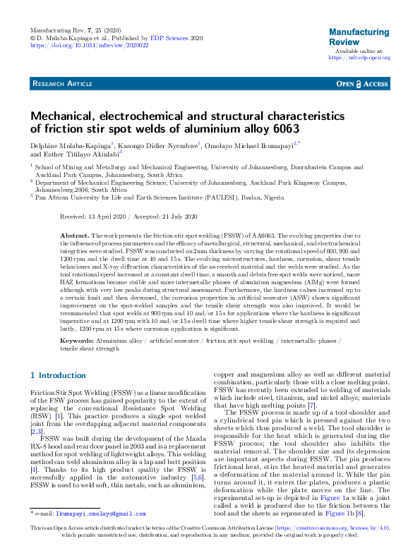 (PDF) Mechanical, electrochemical and structural characteristics of friction stir spot welds of ...