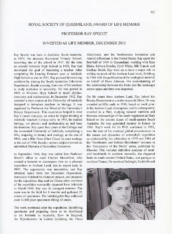 (PDF) Life Member Royal Society Of Queensland: Professor Ray Specht