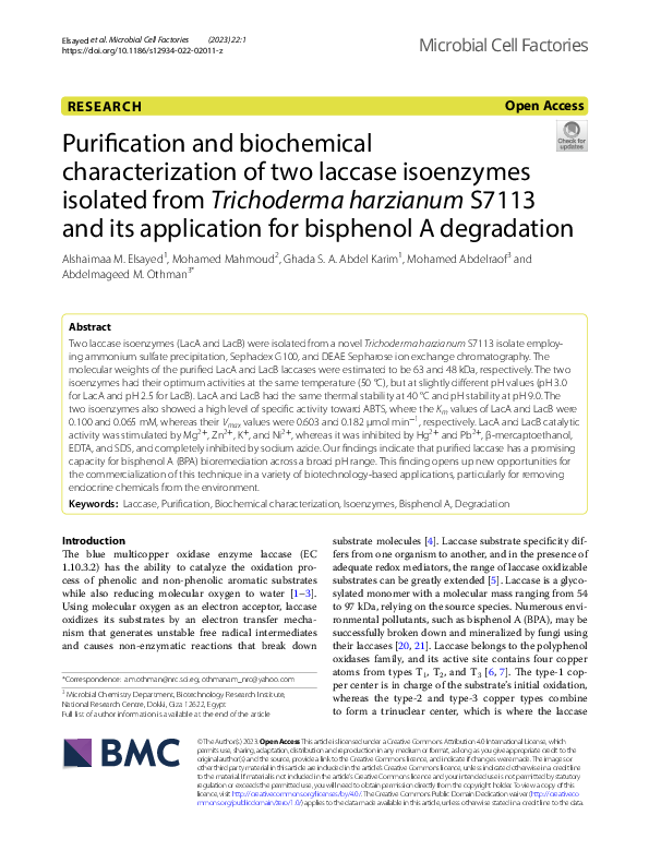 (PDF) Purification and biochemical characterization of two laccase isoenzymes isolated from ...
