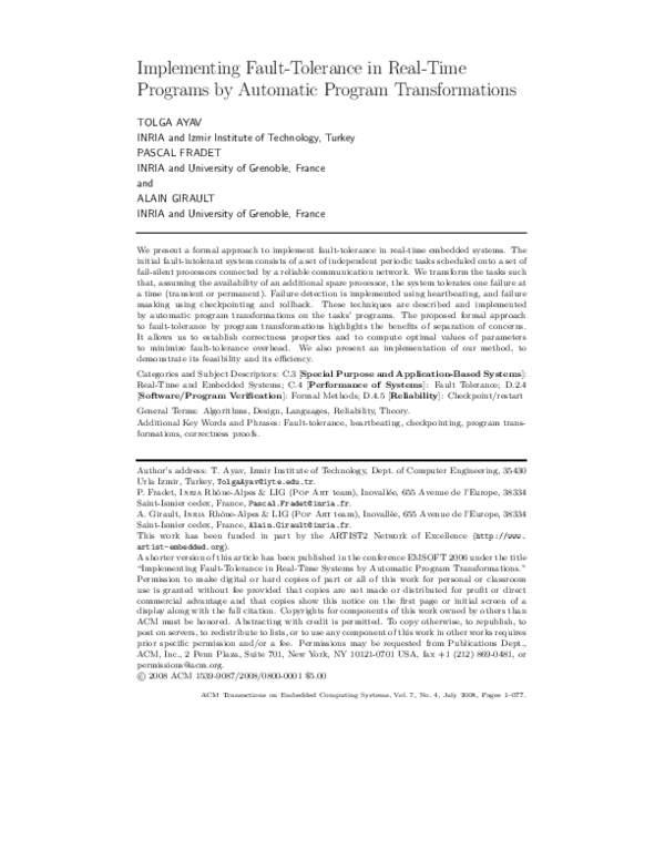(PDF) Implementing fault-tolerance in real-time systems by automatic program transformations