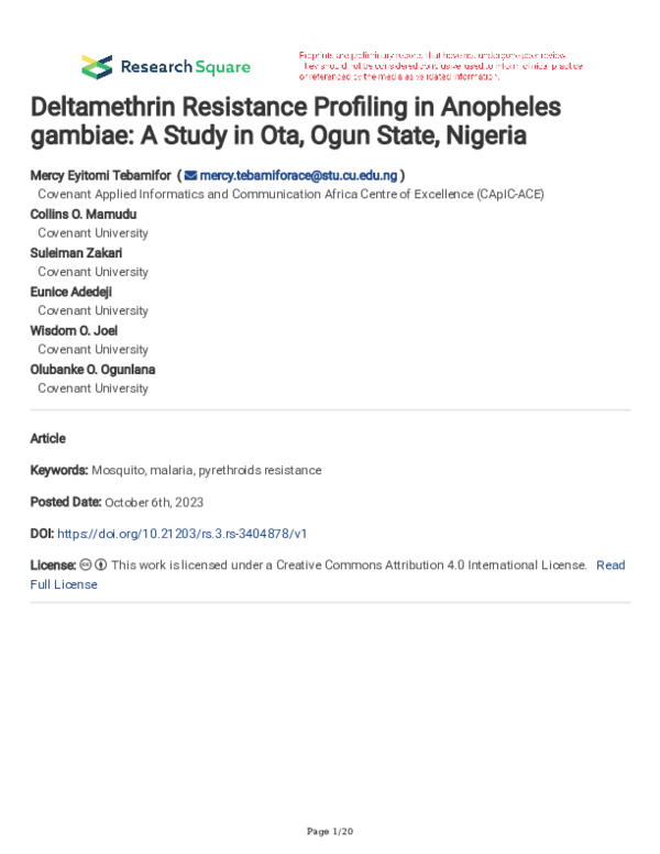 (PDF) Deltamethrin Resistance Profiling in Anopheles gambiae: A Study ...