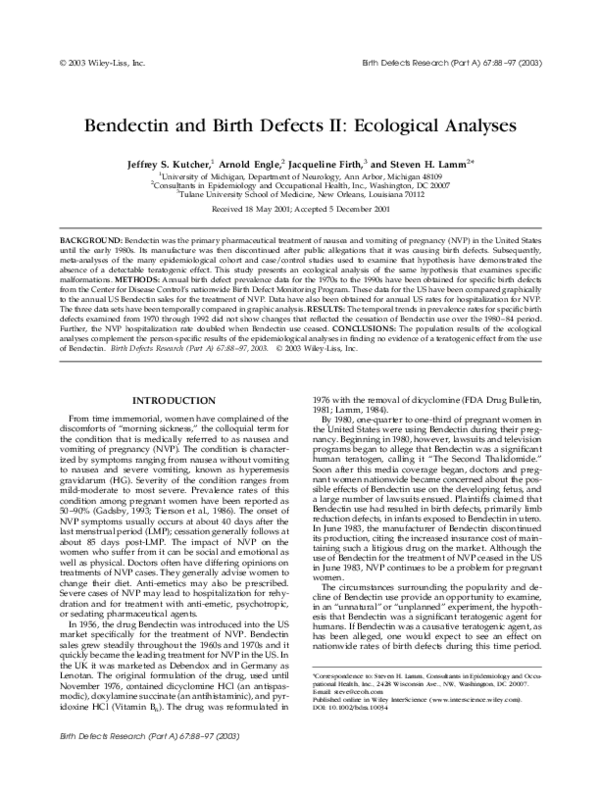 (PDF) Bendectin and birth defects II: Ecological analyses | steven lamm ...