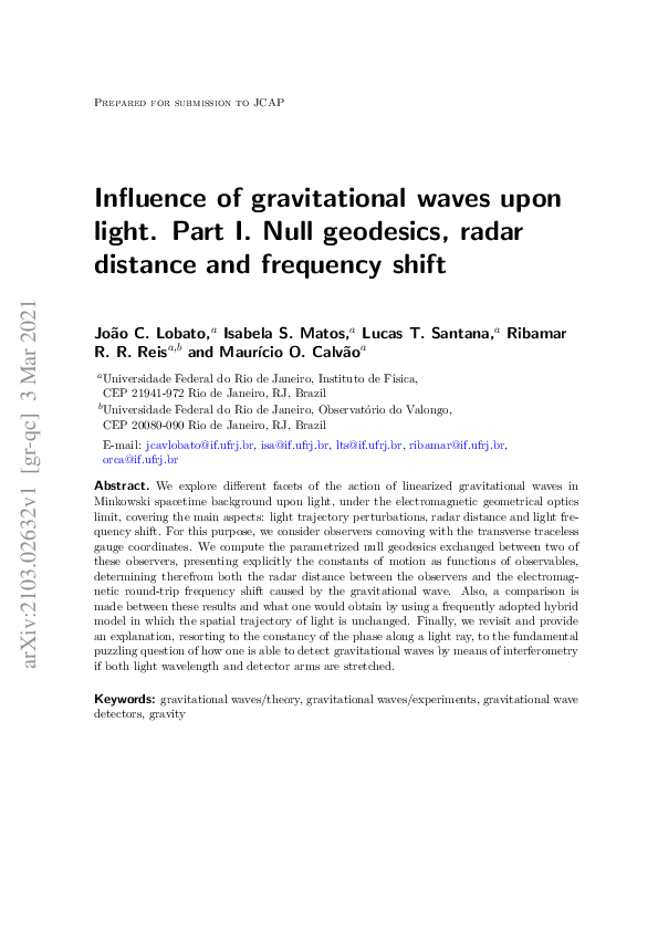 (PDF) Influence of gravitational waves upon light. Part I. Null geodesics, radar distance and ...