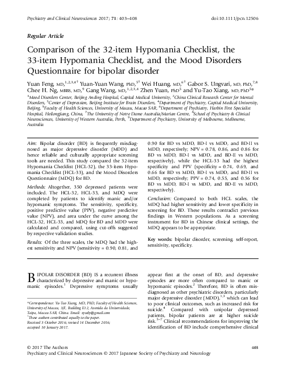 (PDF) Comparison of the 32-item Hypomania Checklist (HCL-32), the 33 ...