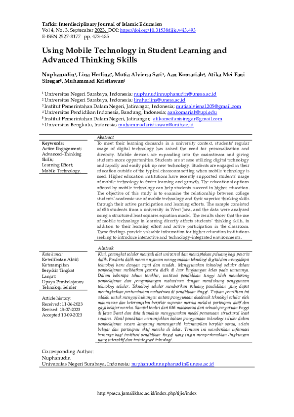 (PDF) Using Mobile Technology in Student Learning and Advanced Thinking ...