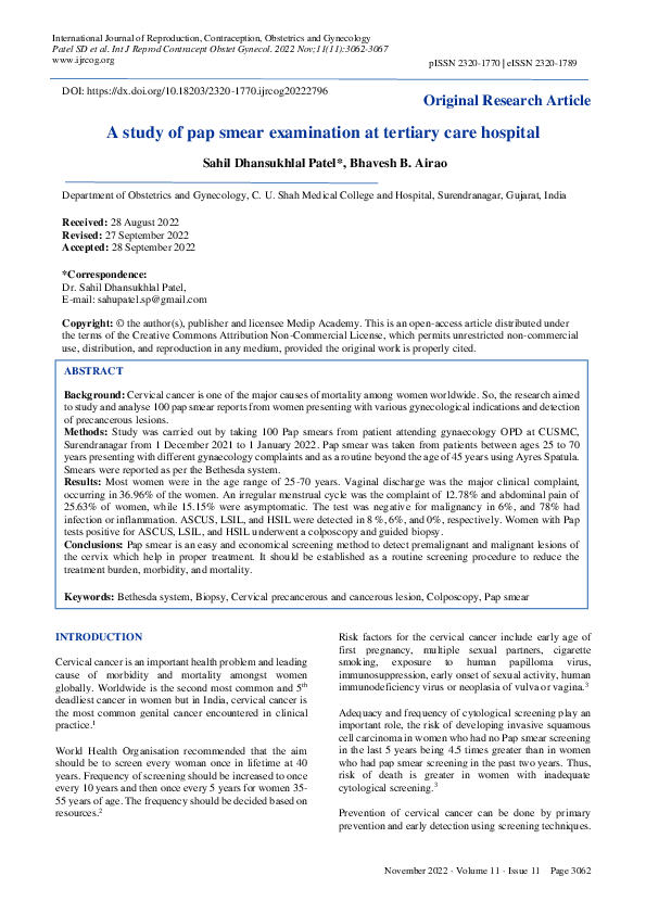 (PDF) A study of pap smear examination at tertiary care hospital