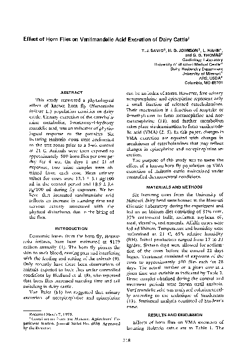 (PDF) Effect of Horn Flies on Vanilmandelic Acid Excretion of Dairy Cattle