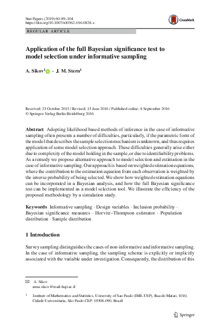 Pdf Application Of The Full Bayesian Significance Test To Model Selection Under Informative