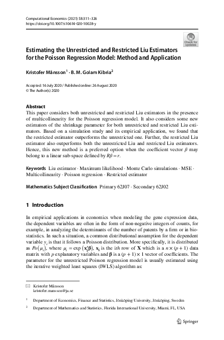 (PDF) Estimating the Unrestricted and Restricted Liu Estimators for the Poisson Regression Model ...