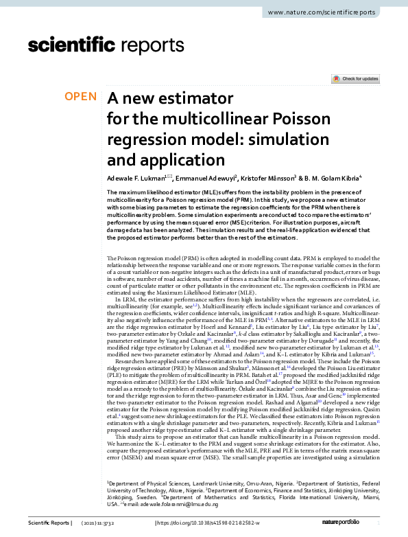 Pdf A New Estimator For The Multicollinear Poisson Regression Model Simulation And Application