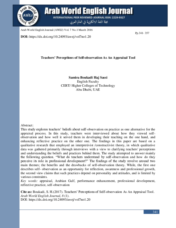 (PDF) Teacherss Perceptions of Self-Observation as an Appraisal Tool
