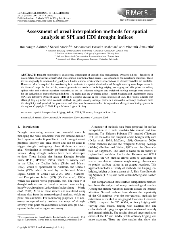 (PDF) Assessment of areal interpolation methods for spatial analysis of SPI and EDI drought indices