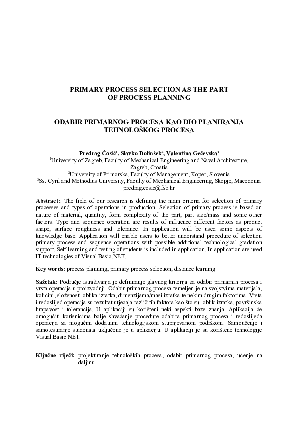 (DOC) Primary process selection as the part of process planning
