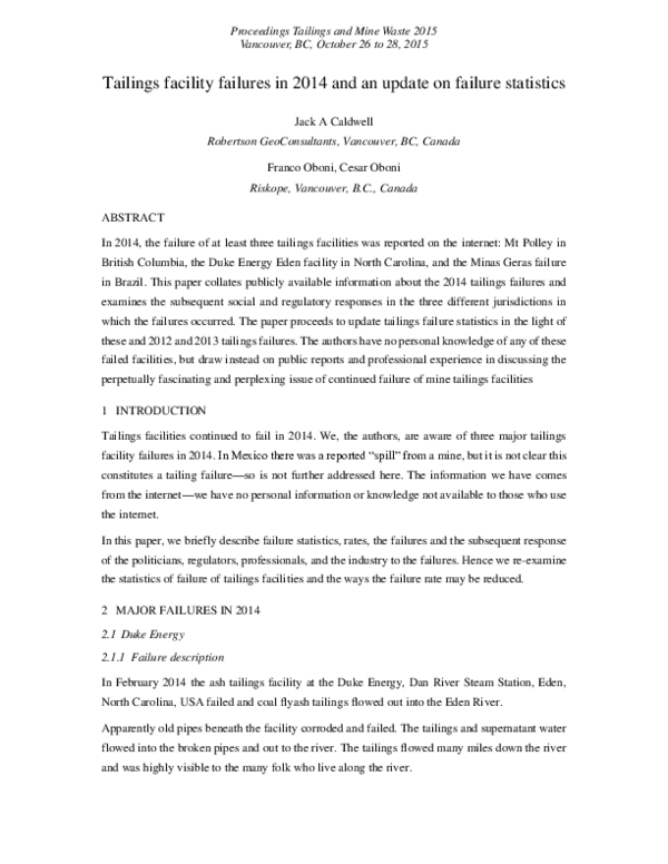 (PDF) Tailings facility failures in 2014 and an update on failure ...