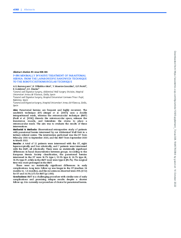 (PDF) P-086 Minimally Invasive Treatment of Parastomal Hernia: From the ...