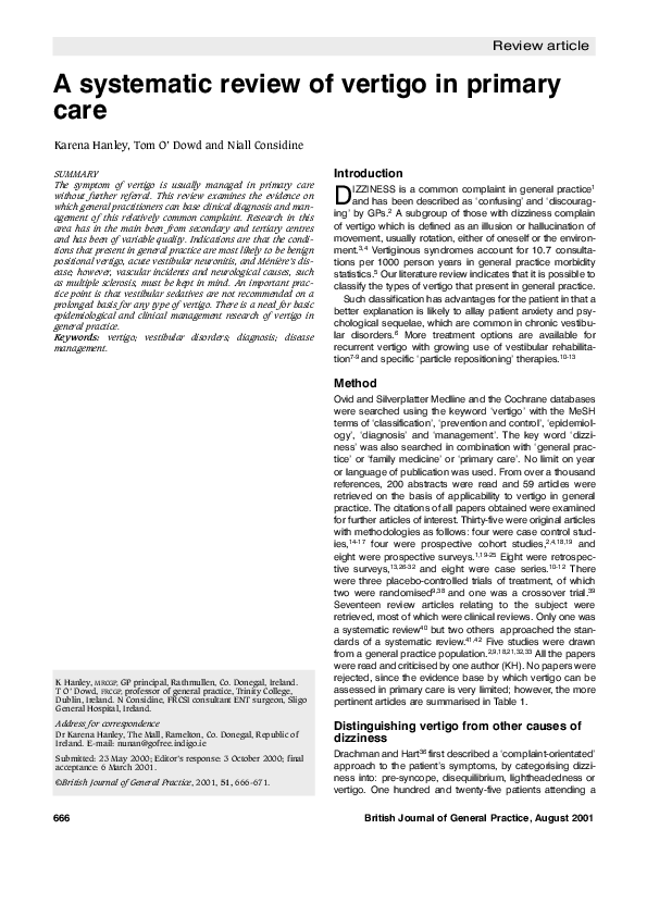 (PDF) A systematic review of vertigo in primary care