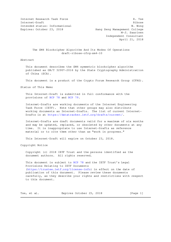 (PDF) The SM4 Blockcipher Algorithm And Its Modes Of Operations