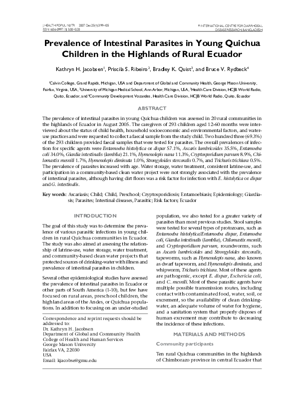 (PDF) Prevalence of intestinal parasites in young Quichua children in ...