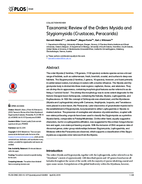 (PDF) Taxonomic Review of the Orders Mysida and Stygiomysida (Crustacea ...