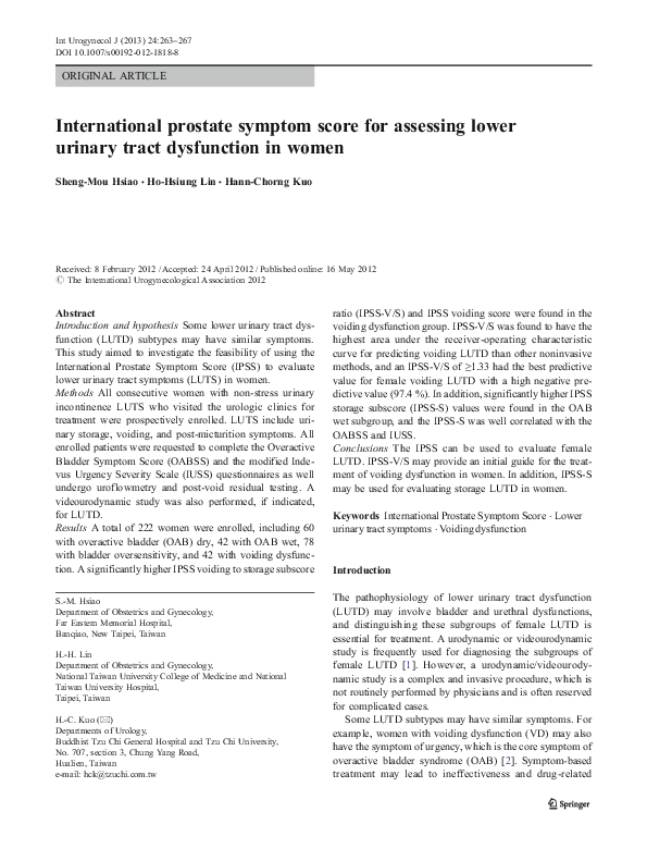 (PDF) International prostate symptom score for assessing lower urinary ...