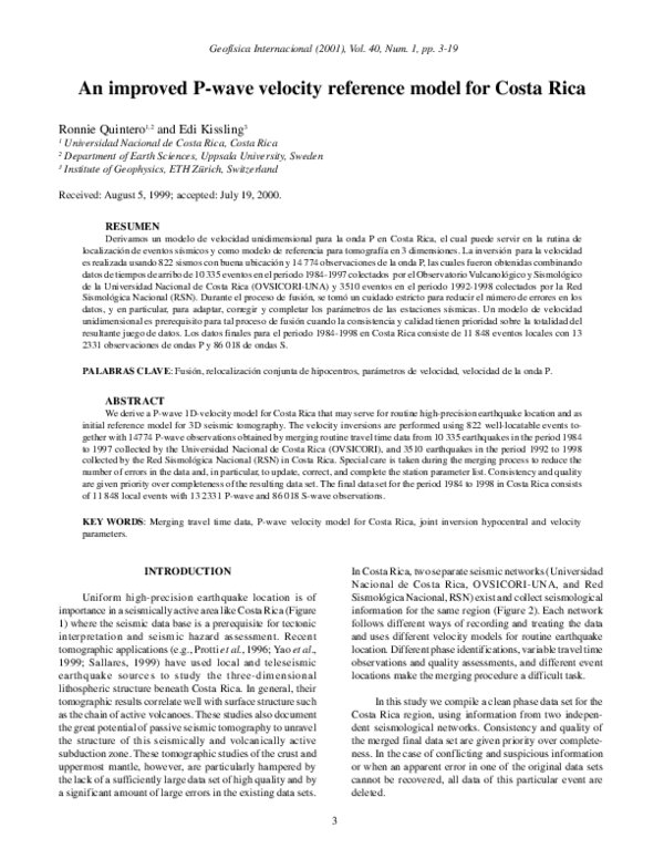 (PDF) An improved P-wave velocity reference model for Costa Rica