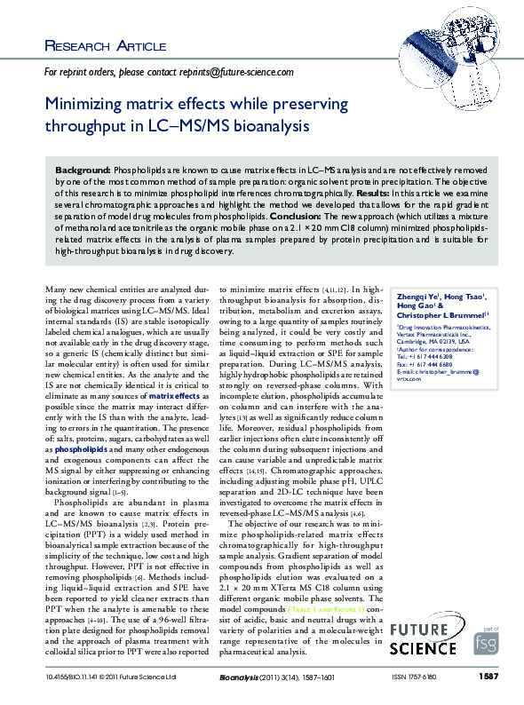 (PDF) Minimizing matrix effects while preserving throughput in LC–MS/MS ...
