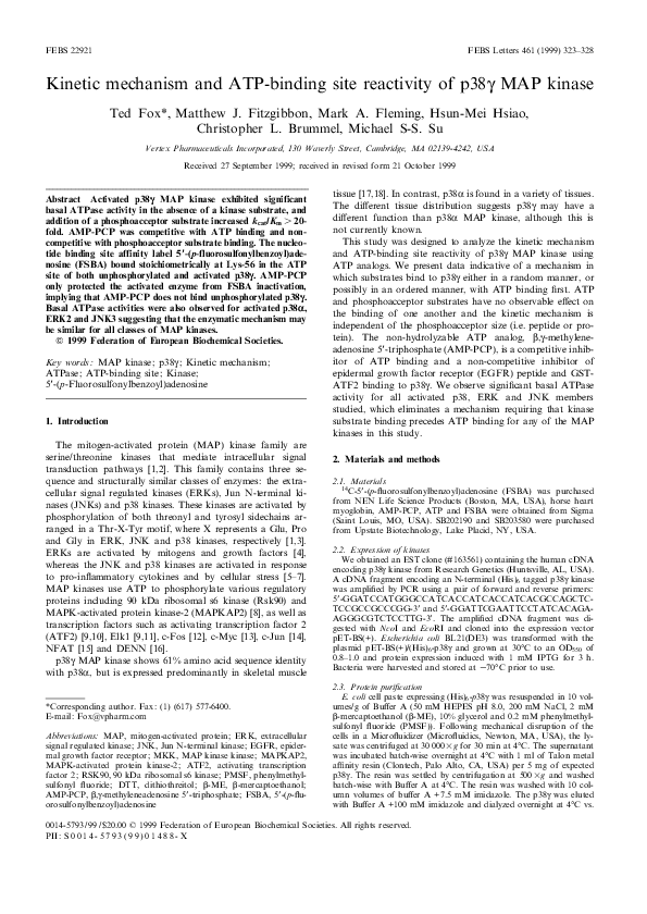 (PDF) Kinetic mechanism and ATP-binding site reactivity of p38γ MAP kinase