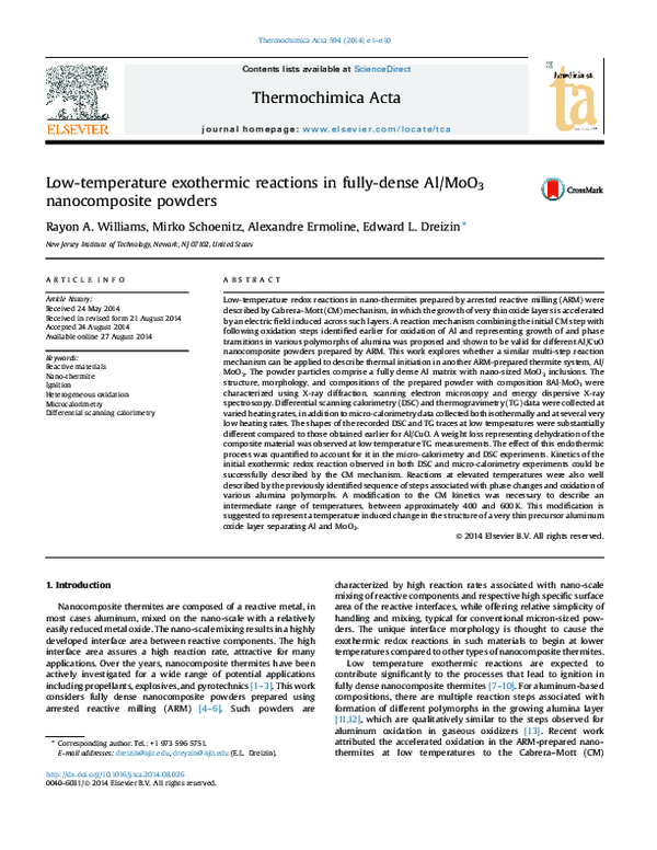 (PDF) Low-temperature exothermic reactions in fully dense Al–CuO ...