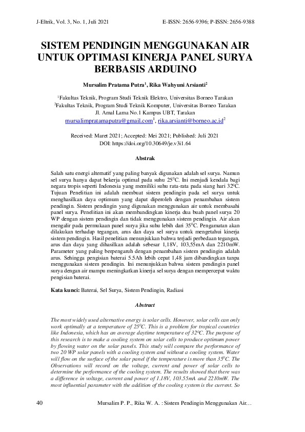 (PDF) Sistem Pendingin Menggunakan Air Untuk Optimasi Kinerja Panel ...