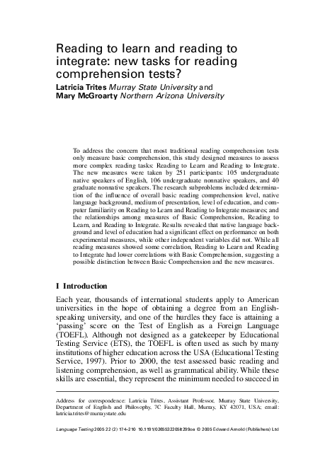 (PDF) Reading to learn and reading to integrate: new tasks for reading ...